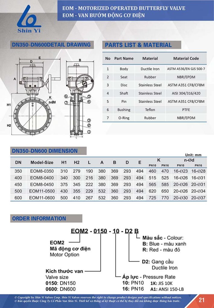 Van bướm động cơ điện ShinYi - EOM | DN50 – DN600 giá tốt
