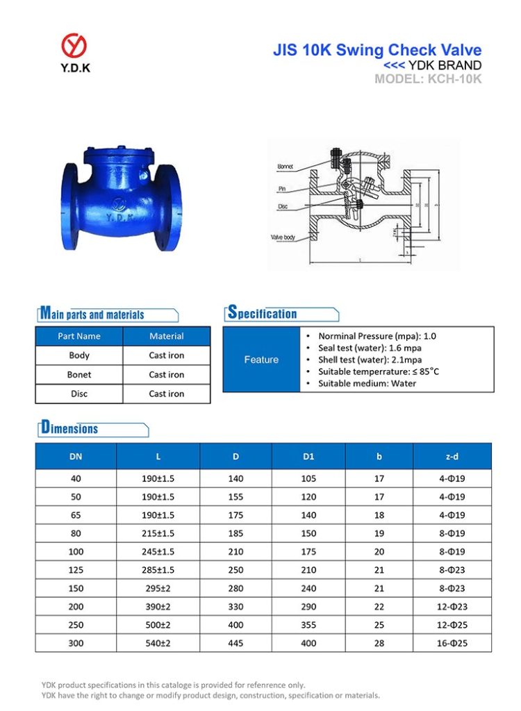 Van 1 Chiều lá lật JIS 10K | DN40 ... DN300 | Hiệu YDK Hàn Quốc