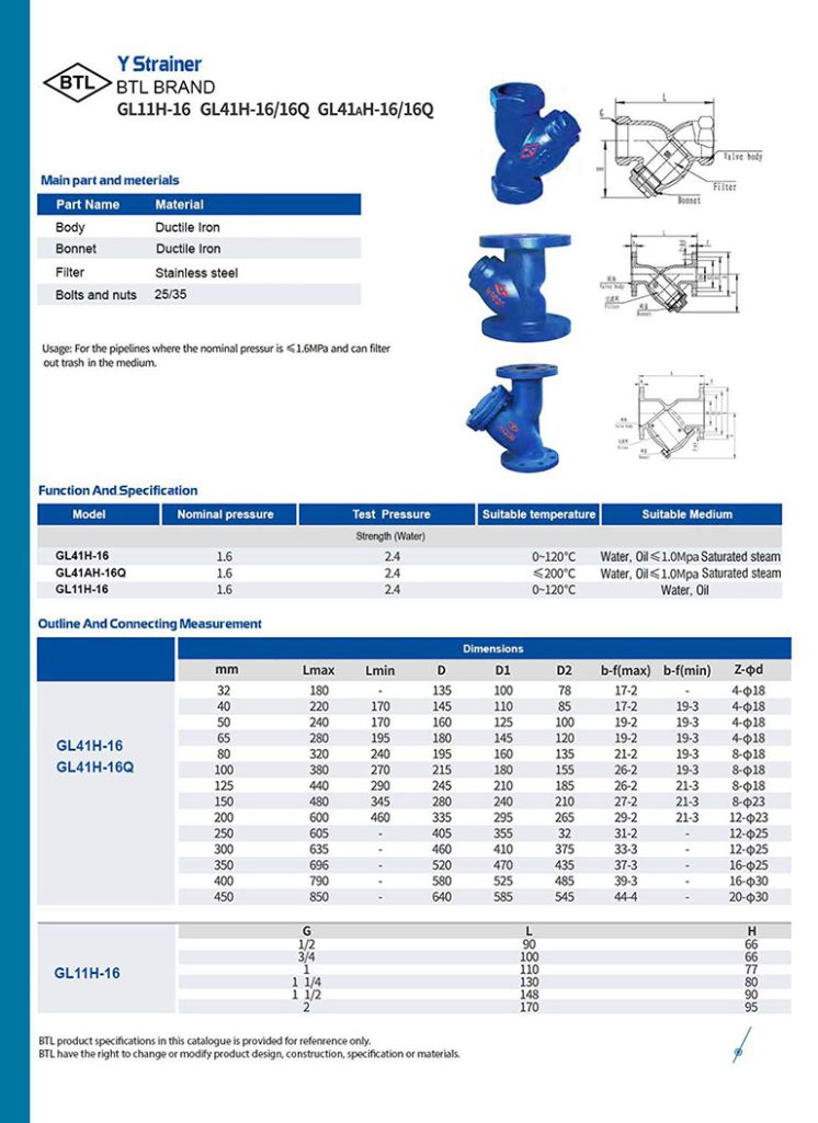 Y lọc | Hiệu BTL | DN32 – DN450 | PN16 | Giá tốt, PP chính hãng