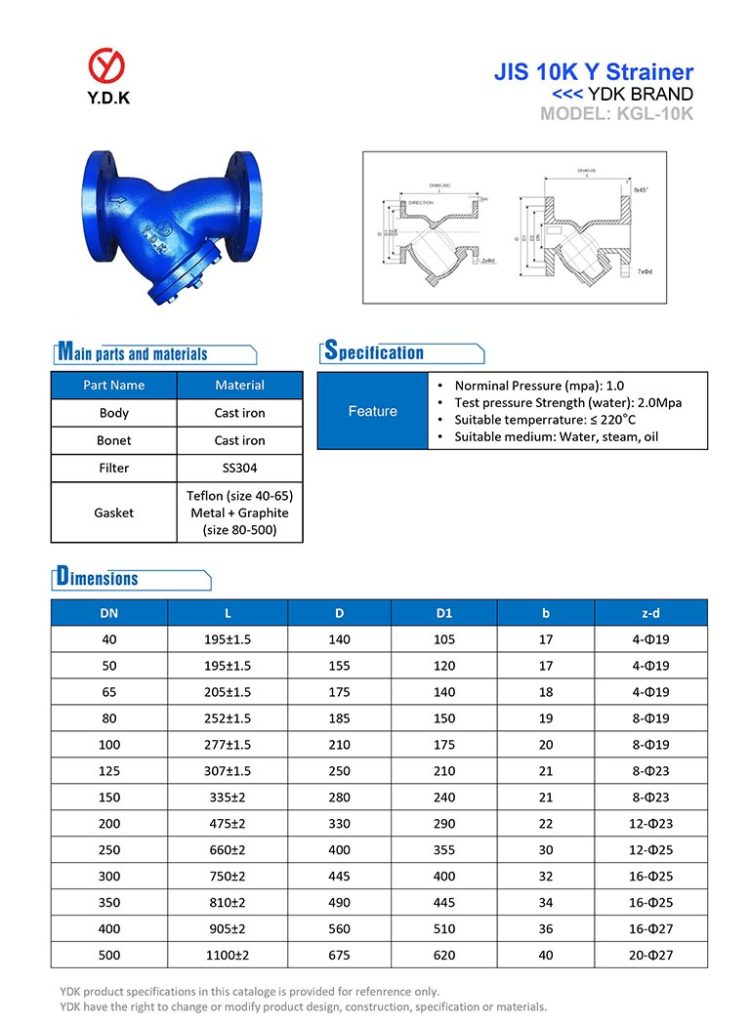 Y Lọc Chuẩn JIS 10K, DN40 - DN500 | Hiệu YDK Hàn Quốc