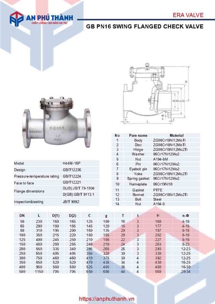 Van 1 Chiều Lá Lật Mặt Bích Inox PN16 | DN50 – DN500